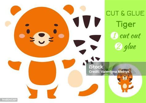 종이 작은 호랑이를 자르고 붙입니다 어린이 공예 활동 페이지 미취학 아동을위한 교육 게임 Diy 워크 시트 어린이 예술 게임 및 활동 퍼즐 벡터 스톡 일러스트 0명에 대한