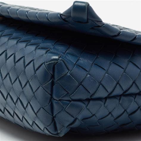 Bottega Veneta Blue Intrecciato Leather Flap Shoulder Bag For Sale At
