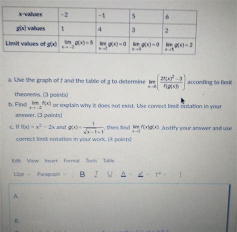 use the graph of f and the table of g to determine limlimits xto 6