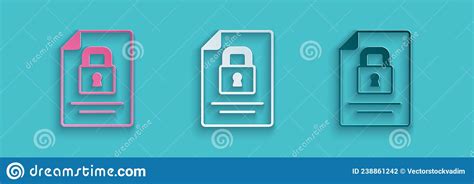 Paper Cut Document And Lock Icon Isolated On Blue Background File Format And Padlock Stock
