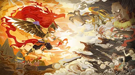 设计说明：画面故事以“雷震子”为主题，根据人物神力：展翅高飞、风雷齐至、空中战斗。 的特点，选取了姜子牙派雷震子出击讨伐九尾狐和众多妖怪这一事迹。雷震子勇 敢杀敌不畏强敌的果敢精神。画面表现雷