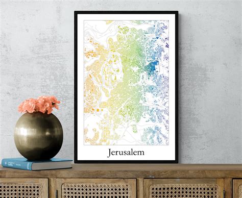 Jerusalem City Colorful Map Poster Jewish Peace Map Art Poster Jerusalem Modern Map Art
