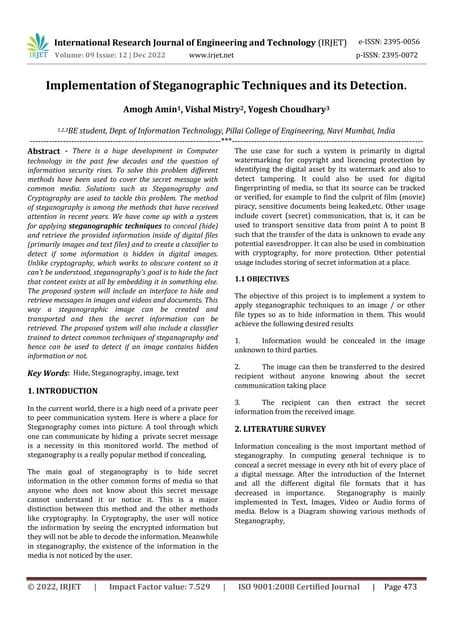 Implementation Of Steganographic Techniques And Its Detection Pdf Computing Technology