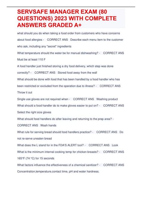 Servsafe Manager Exam 80 Questions 2023 With Complete Answers Graded A Servesafe Stuvia Us