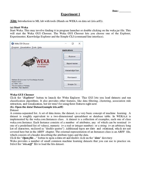 experiment 1 aim introduction to ml lab with tools hands on weka on data set iris arff