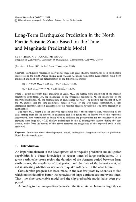 Pdf Long Term Earthquake Prediction In The North Pacific Seismic Zone