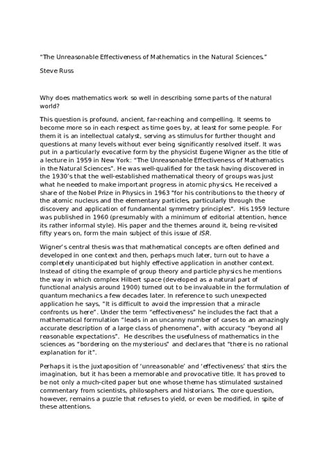 Pdf The Unreasonable Effectiveness Of Mathematics In The Natural Sciences