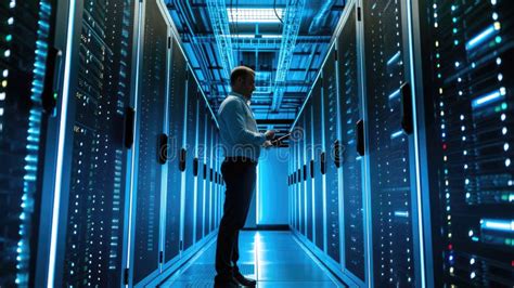 Man Is Standing In A Data Center With Rows Of Server Racks Holding A Tablet And Presumably