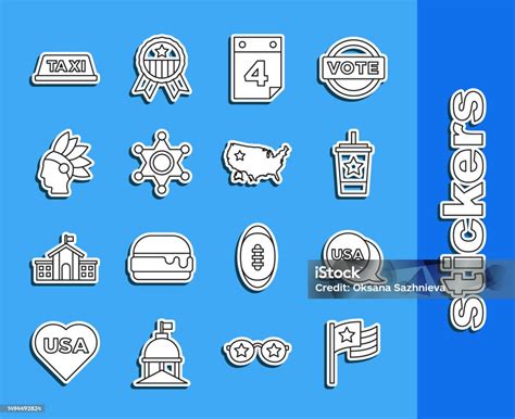 미국 국기 미국 독립 기념일 짚이 달린 종이 유리 달력 날짜 7월 4일 헥사그램 보안관 원주민 인디언 택시 자동차 지붕 및 지도 아이콘을 설정합니다 벡터 0명에 대한 스톡