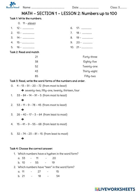 Reading And Writing Numbers Up To 100 Worksheet