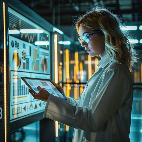 woman in lab coat using tablet to analyze data in front of screen with
