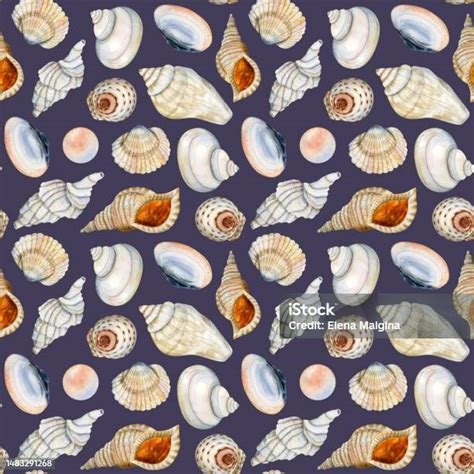 진한 파란색 해상 수채화 조개 원단 직물 섬유 디자인 커버 베이지색 포장지를 위한 원활한 패턴 갑각류에 대한 스톡 벡터 아트 및
