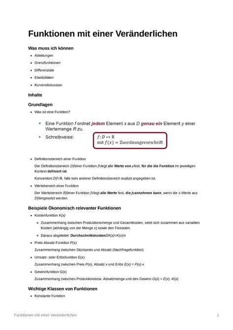 Mathe Lernzettel Funktionen mit einer Veränderlichen Was muss ich können Ableitungen Studocu