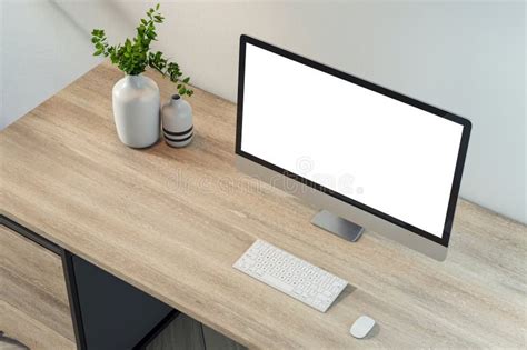 Minimal Workspace With Desktop Computer Blank Screen And Keyboard On