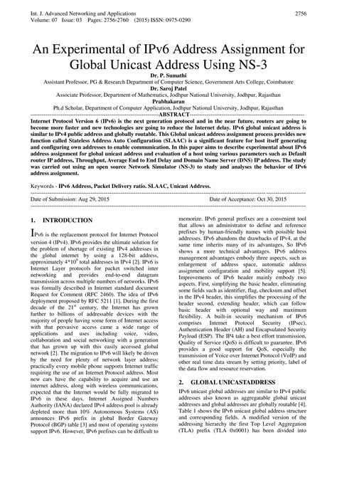 An Experimental Of Ipv6 Address Assignment For Global Unicast Address Using Ns 3 Pdf