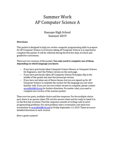 Ap Computer Science A Summer Assignment Pdf Multiple Choice