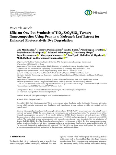 Pdf Efficient One Pot Synthesis Of Tio2zro2sio2 Ternary Nanocomposites Using Prunus ×