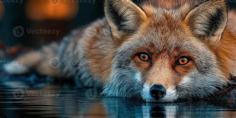 Wild Fox Resting By The Water During Twilight With Its Vibrant Eyes