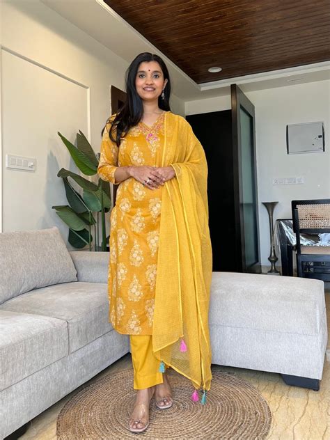 Ronak Boota Pure Cotton Suit Yellow Thejaipurloom