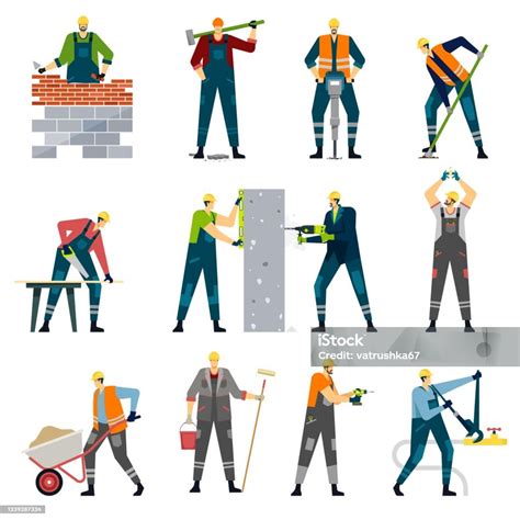 전문 도구를 갖춘 건설 노동자 직장에서 주택 건축업자 목수 벽 화가 유지 보수 또는 가정 수리 작업자 벡터 세트 기술자에 대한