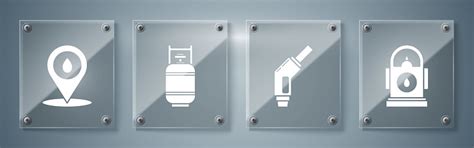 가솔린 또는 주유소 가솔린 펌프 노즐 프로판 가스 탱크 및 리필 가솔린 연료 위치를 설정합니다 정사각형 유리 패널 벡터 0명에