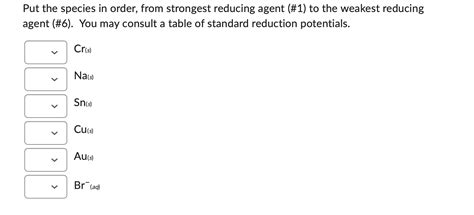 solved put the species in order from strongest reducing