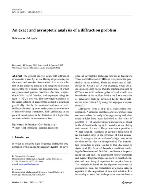 Pdf An Exact And Asymptotic Analysis Of A Diffraction Problem