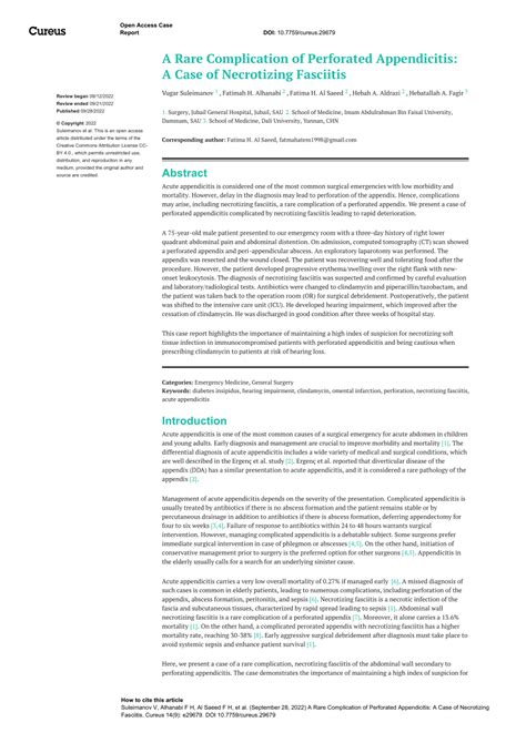 Pdf A Rare Complication Of Perforated Appendicitis A Case Of Necrotizing Fasciitis