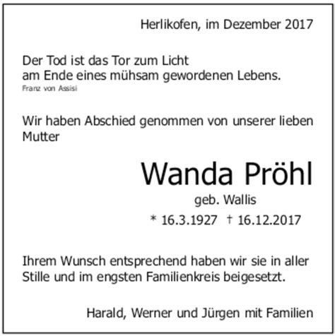 Traueranzeigen Von Wanda Pröhl Trauer De