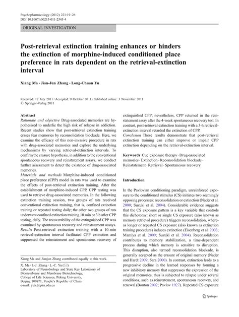 Pdf Post Retrieval Extinction Training Enhances Or Hinders The Extinction Of Morphine Induced