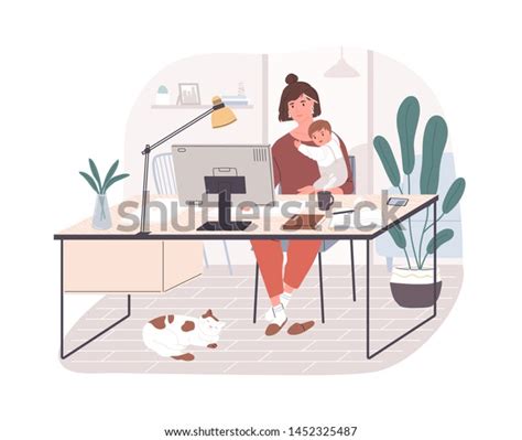 귀여운 행복한 어머니는 아기를 안고 책상 스톡 벡터로열티 프리 1452325487