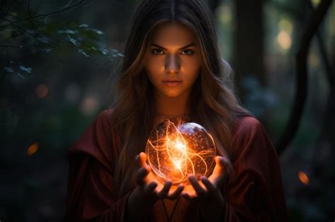 Premium Ai Image A Woman Holding A Glowing Orb In The Woods