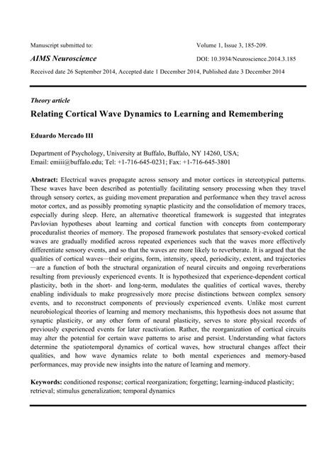 pdf relating cortical wave dynamics to learning and remembering