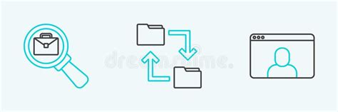 Set Line Video Chat Conference Magnifying Glass With Briefcase And Cloud Storage Document