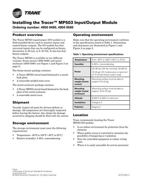 installing the tracer™ mp503 input output module trane