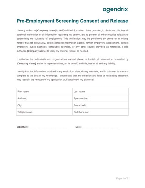 Download Free Pre Employment Screening Consent Form Template Agendrix