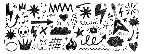 손으로 그린 록 펑크 음악 스타 그런 지 하트 낙서 아이콘 요소 세트 크레용 브러쉬 스트로크 손으로 그린 선 스케치 스타일 낙서 록 펑크 스타 하트 모양 벽지 크레용 낙서