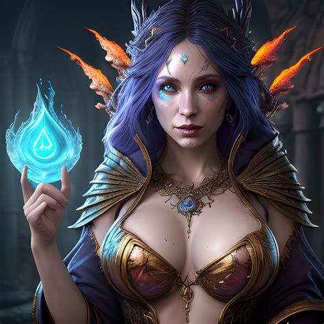 Sorceress Breasty Spell Magic Fire Water Elements Photore