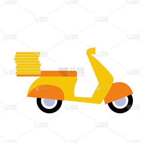 黄色送披萨的小摩托车。快餐外卖自行车。平面向量插图