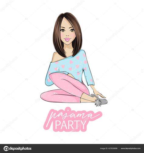 Pajama Party Vector Illustration With Beautiful Young Brunette Woman