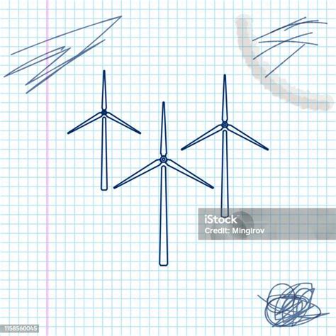 흰색 배경에 격리 된 풍력 터빈 라인 스케치 아이콘입니다 풍력 발전기 기호입니다 풍차 실루엣 전력 생산을 위한 풍차 벡터 일러스트레이션 개념에 대한 스톡 벡터 아트 및 기타