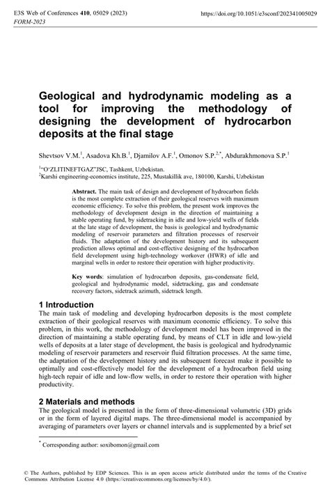 PDF Geological And Hydrodynamic Modeling As A Tool For Improving The Methodology Of Designing