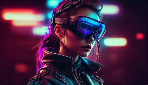 Premium Photo Cyberpunk Woman Wearing Vr Headset Neon Cyberpunk