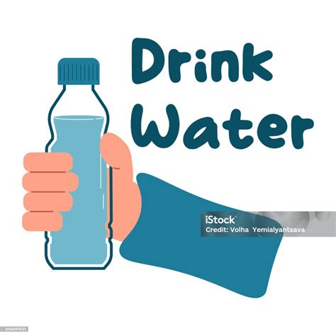 물을 더 많이 마신다 손에는 물통이 담겨 있습니다 벡터 일러스트 레이 션 가공의 인물에 대한 스톡 벡터 아트 및 기타 이미지 가공의 인물 개념 건강관리와 의술