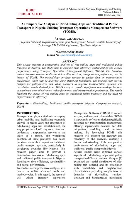 Pdf A Comparative Analysis Of Ride Hailing Apps And Traditional Public Transport In Nigeria