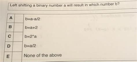 Solved Left Shifting A Binary Number A Will Result In Which Chegg
