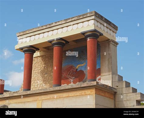 Knossos Minoan Palace Architecture Detail With Red Columns And Bull