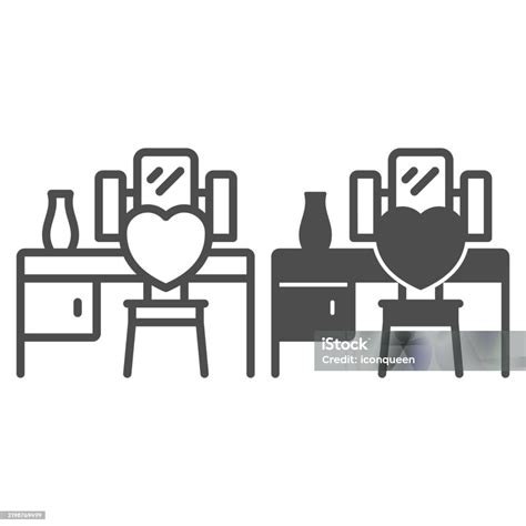 의자 라인과 단색 아이콘이 있는 메이크업 책상 집 인테리어 컨셉 벡터 그래픽 서랍과 거울이 있는 화장대 흰색 배경에 꽃병 간판 모바일 또는 웹 디자인용 윤곽선 스타일 아이콘