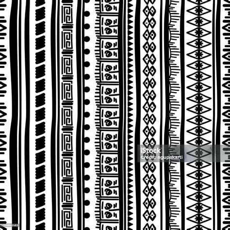 패션 섬유 인쇄 및 포장에 대 한 검은색과 흰색 색상 벡터 일러스트와 함께 고 대 마 야 부족 민족 완벽 한 패턴 0명에 대한