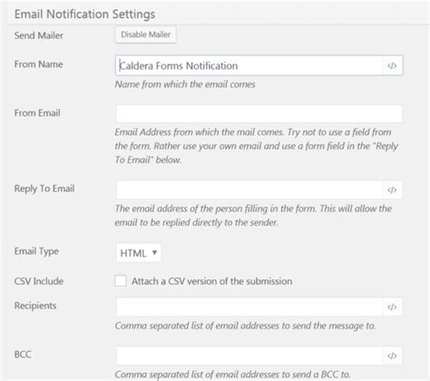 Email Notification Settings Wordpress Form Builder Caldera Forms